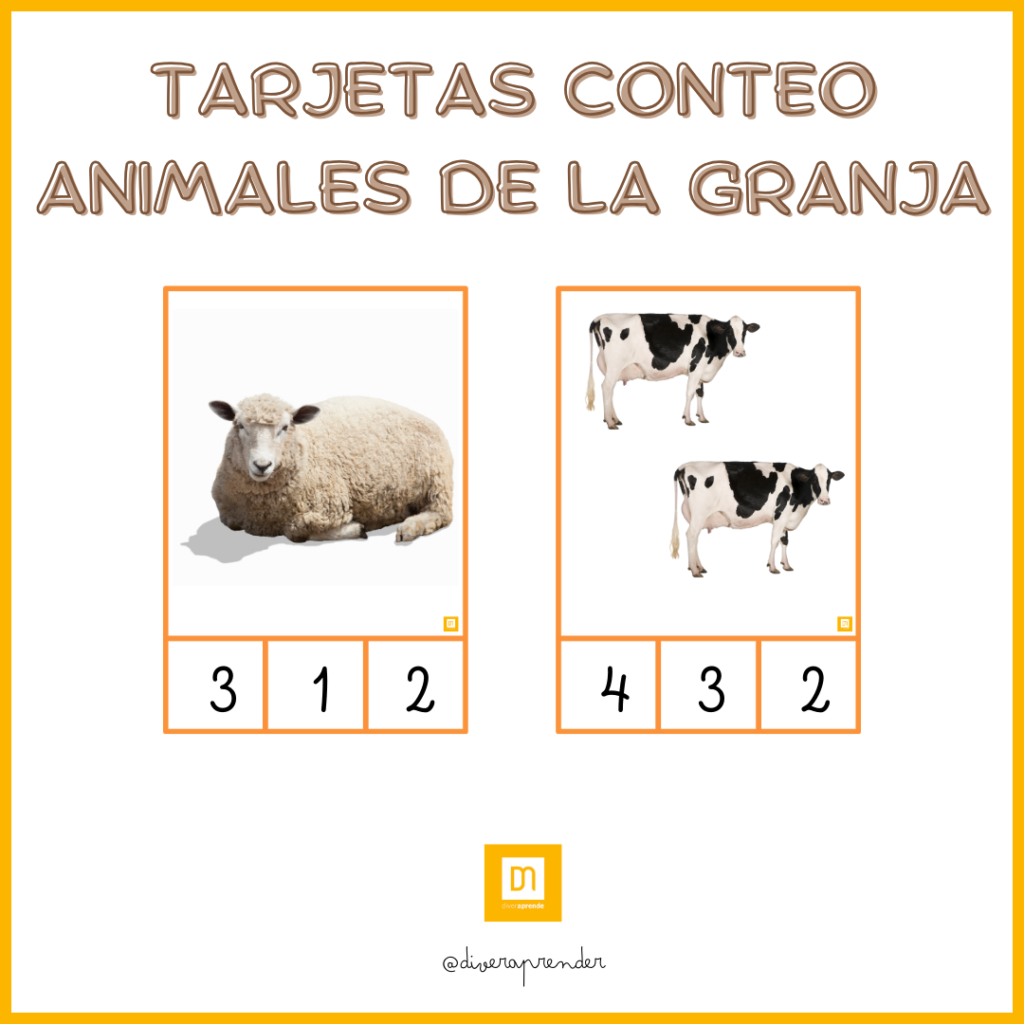 Tarjetas conteo animales de la granja – Diveraprender